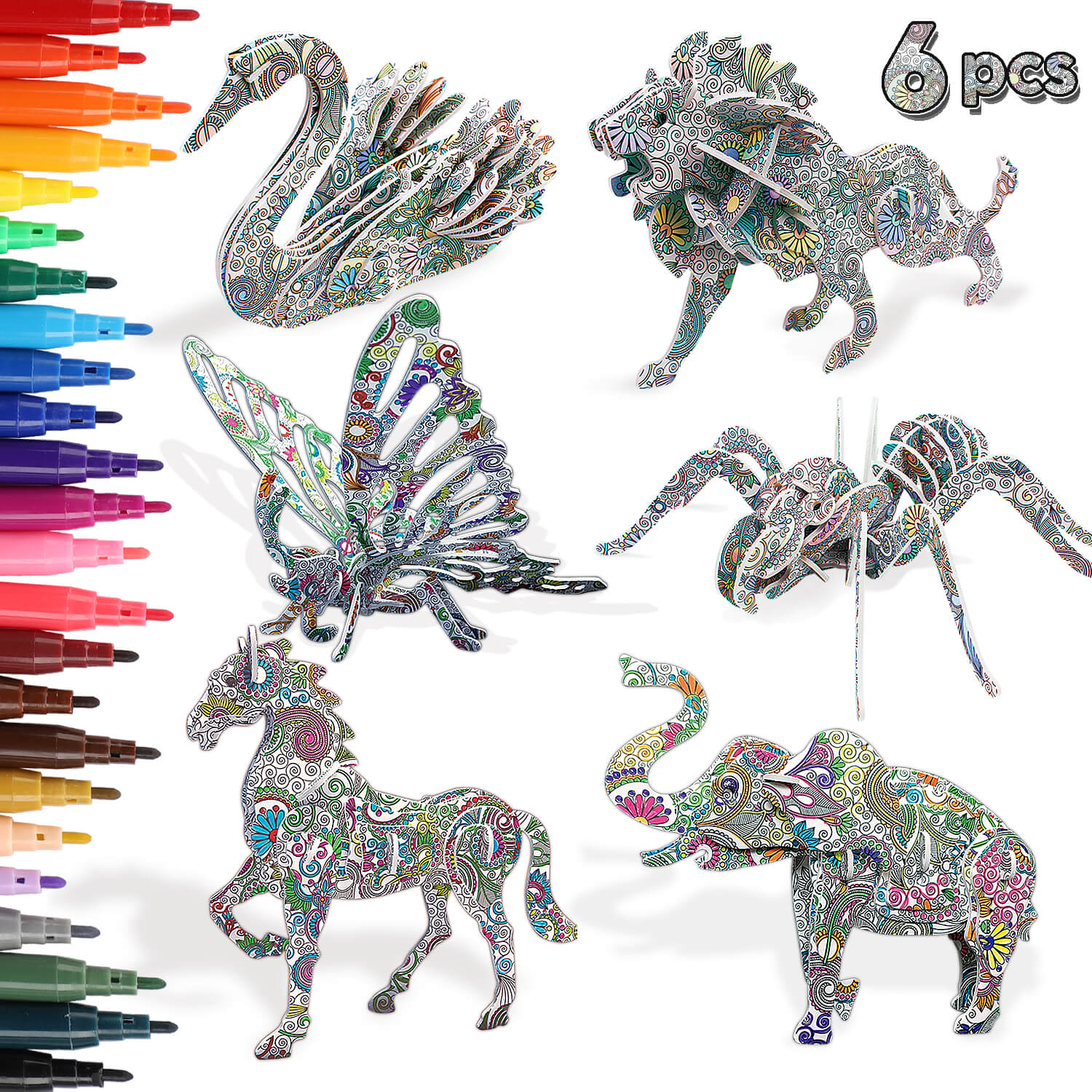 3D Coloring Puzzle Set - 6 Animals Puzzles